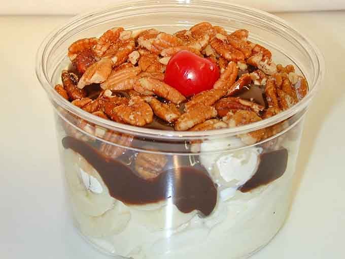 Pecans, hot fudge, and custard stacked high. The Hot Fudge Royal is not here to play games.