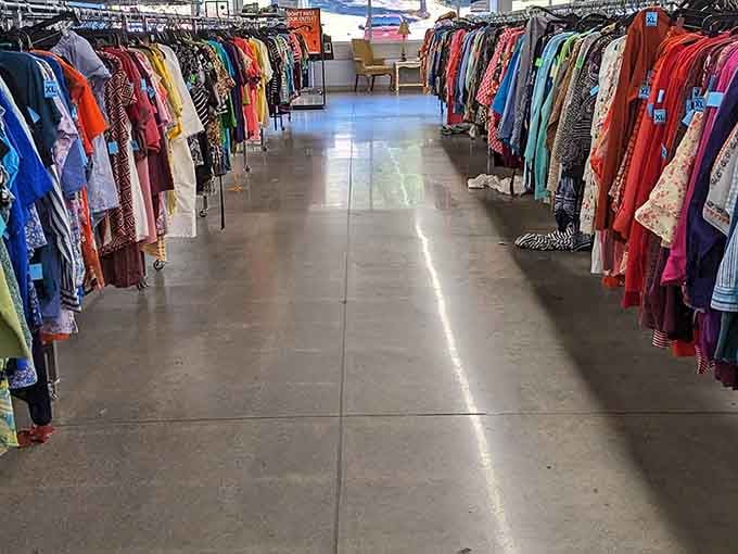 Long racks of colorful clothing stretch toward the horizon, sorted by size and practically begging you to slow down and look.