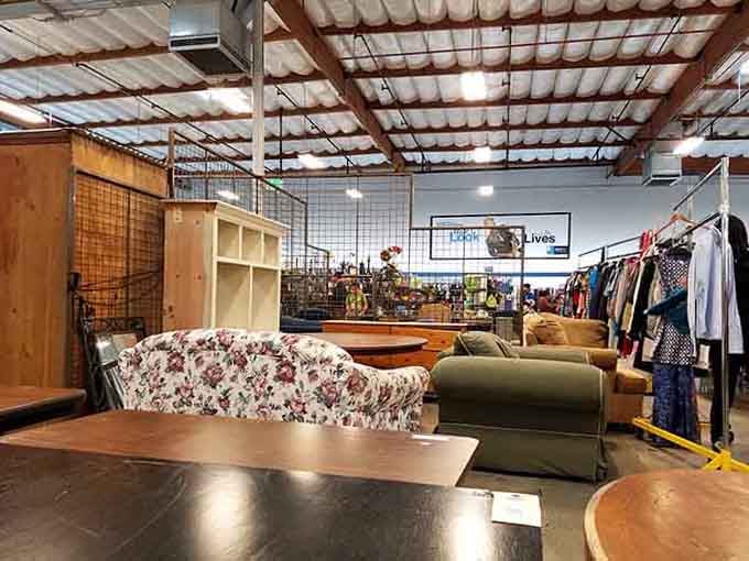Couches, bookshelves, and clothing racks sharing the same floor, because variety is the spice of a truly great thrift store.