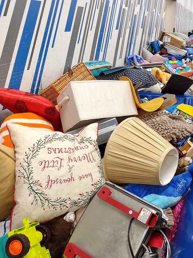 A Christmas pillow, a lamp shade, and a hand truck walk into a bin, and somehow it all makes perfect sense here.