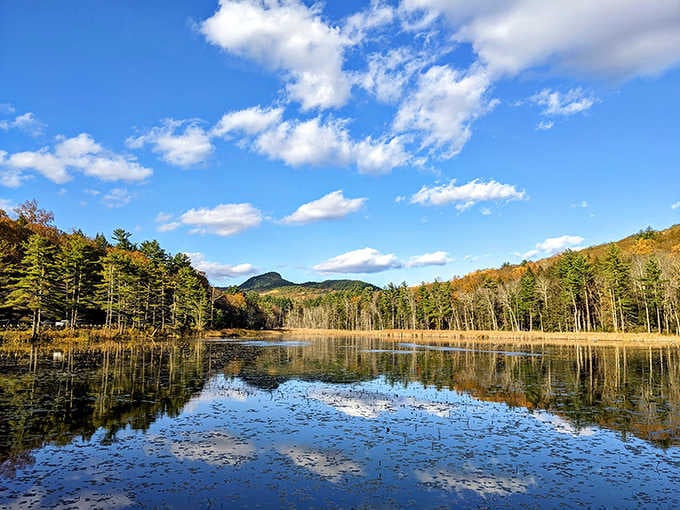 Fountain Pond State Park sits quietly outside town, reflecting sky and hills like it has absolutely nowhere else to be.