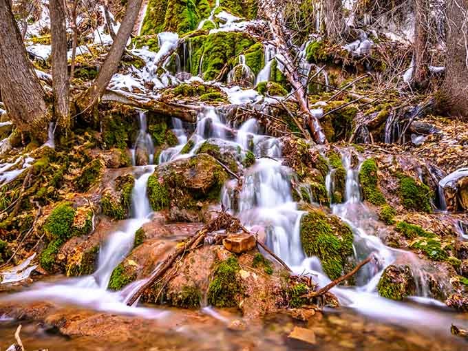 Moss-covered rocks frame cascading water in winter's grip, creating a scene Ansel Adams would have loved.