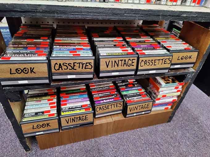 Cassette tapes labeled "Vintage, Look," as if the DeBarge and Don Williams albums needed any extra convincing.