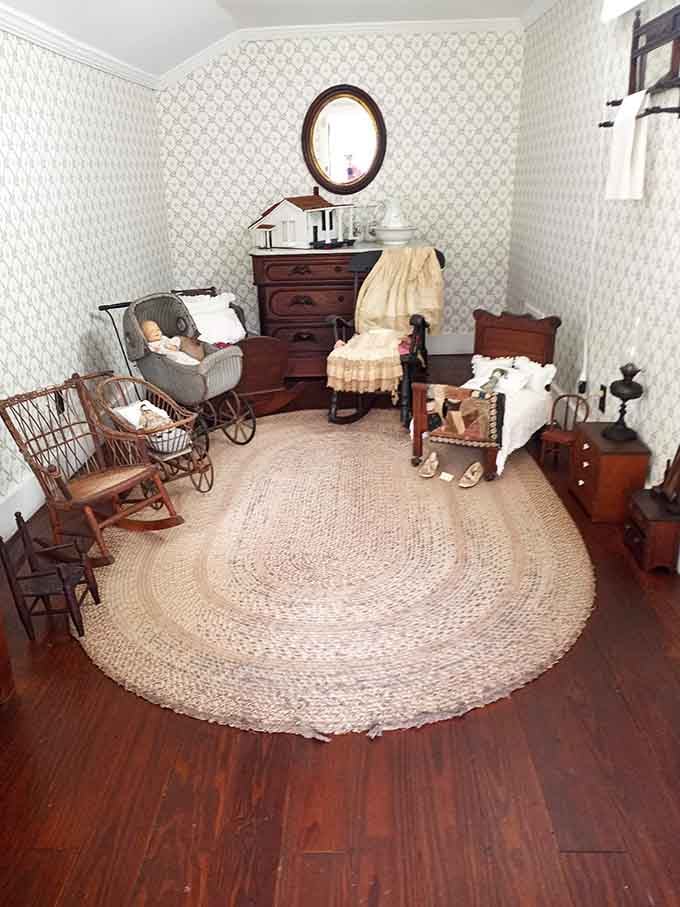 Helen's childhood room, with its wicker pram and braided rug, feels like time simply forgot to leave.
