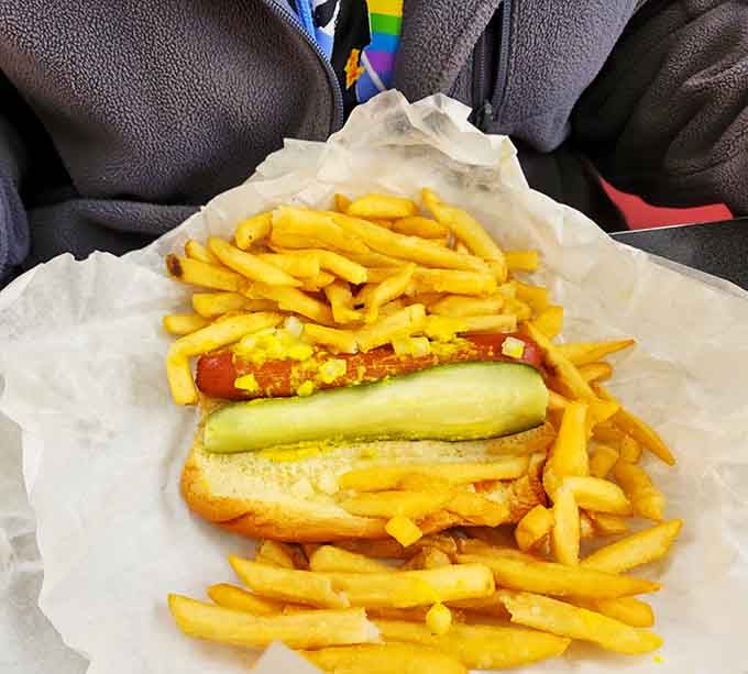 That bright yellow mustard stripe and fat pickle spear peeking through the fries is basically Cicero's version of fine art.