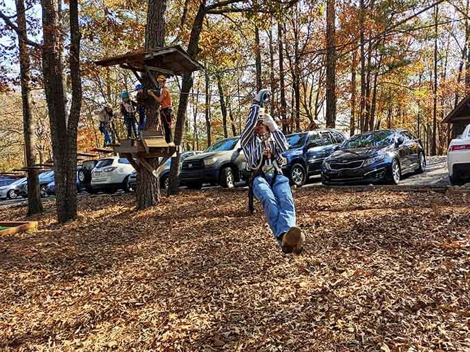 Autumn leaves below, adrenaline above, one zipline rider discovers fall foliage looks better at speed.
