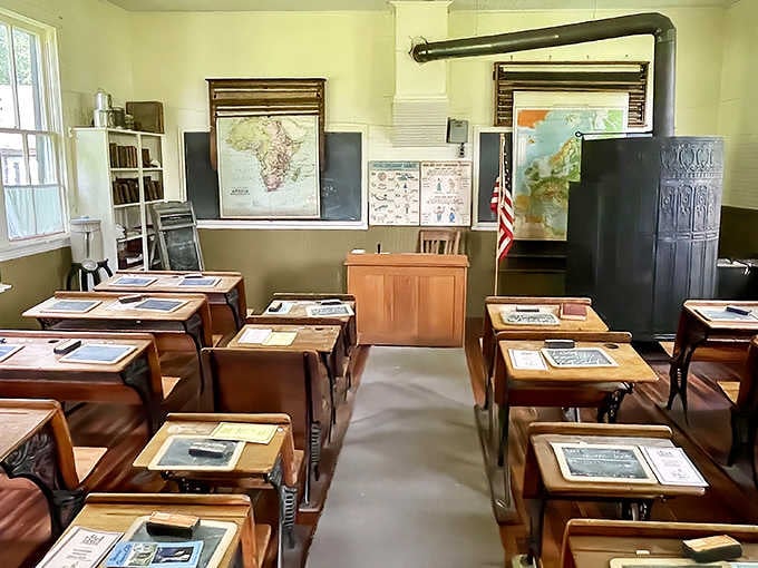 Rows of wooden desks, old maps on the wall, and zero Wi-Fi. Somehow, kids survived.
