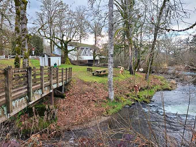 Picnic tables, a gentle river, and a historic covered bridge nearby. Someone clearly planned this perfectly.