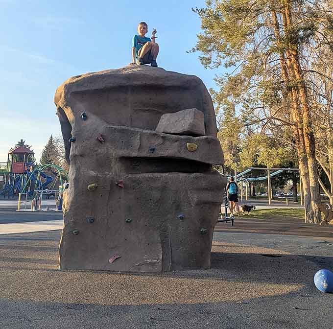 That climbing boulder brings a taste of Smith Rock to the playground, minus the terror of actual rock climbing.