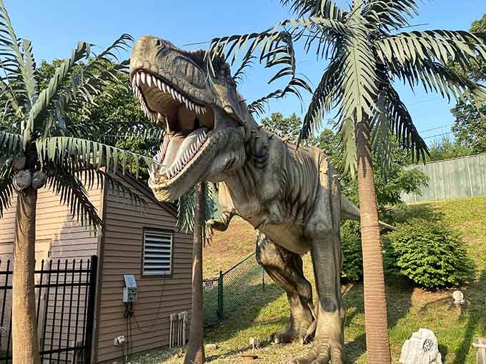 A full-sized T-Rex animatronic, just standing there, judging you. Perfectly normal amusement park stuff.