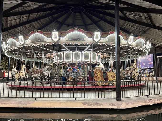 That carousel glowing under the pavilion roof at night looks like something straight out of a classic Hollywood dream sequence.
