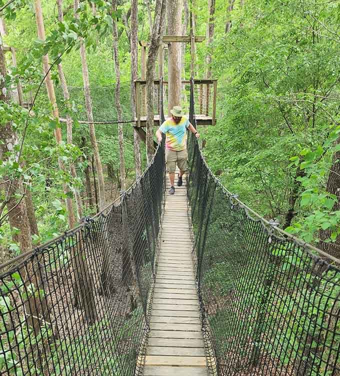 One brave soul, one swaying bridge, and a whole lot of green waiting on the other side.