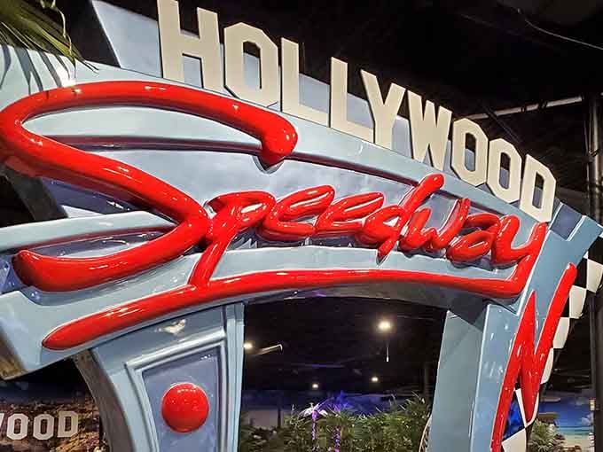 That bold red Hollywood Speedway sign is basically whispering, "Your need for speed is completely justified here."