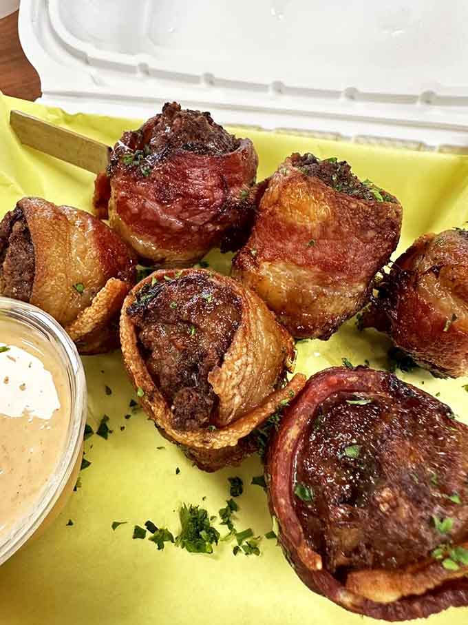 Bacon-wrapped meatballs with a dipping sauce on the side. This is what peak snacking looks like, folks.