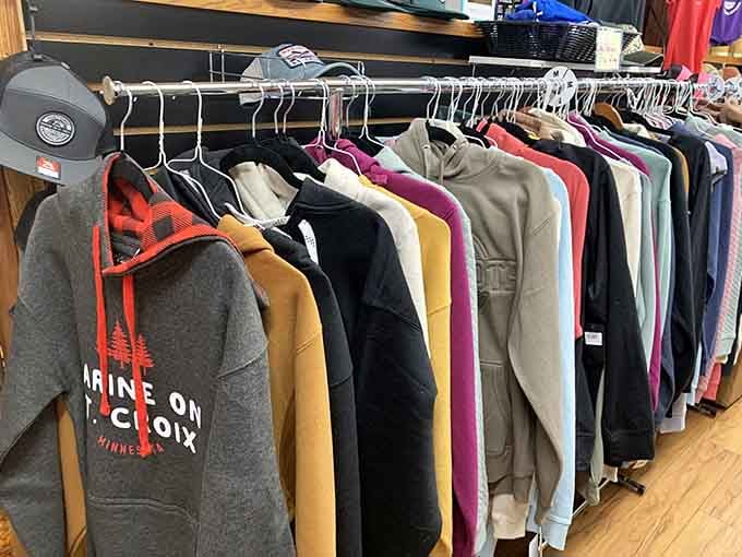 Marine on St. Croix hoodies hanging in a row. The most comfortable souvenir you'll ever bring home.