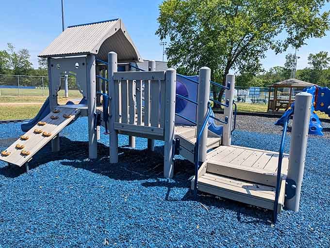 Blue rubber, slides, and sunshine: the Mathews County Park playground is where the next generation of watermen burns off energy first.