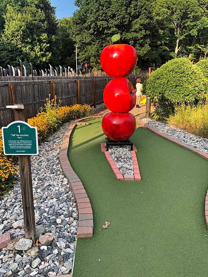 Three giant stacked apples greet you at hole one, because William Tell deserves a proper tribute.
