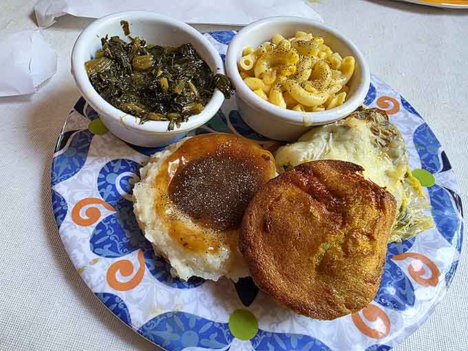 Fried chicken so crispy it practically announces itself, with green beans and mac and cheese keeping it honest.