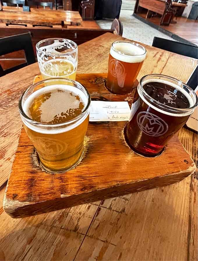 A flight of beers served on reclaimed wood is the kind of communion everyone can get behind.
