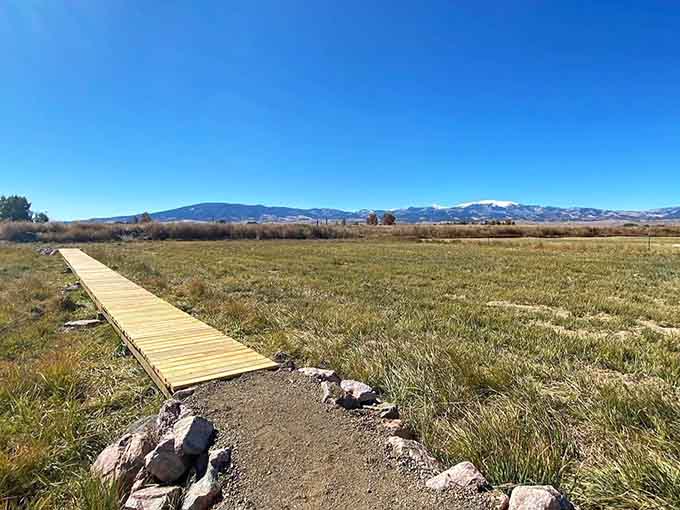 A simple wooden boardwalk leads straight into the vast San Luis Valley, with snow-dusted mountains waiting patiently at the end of the path.