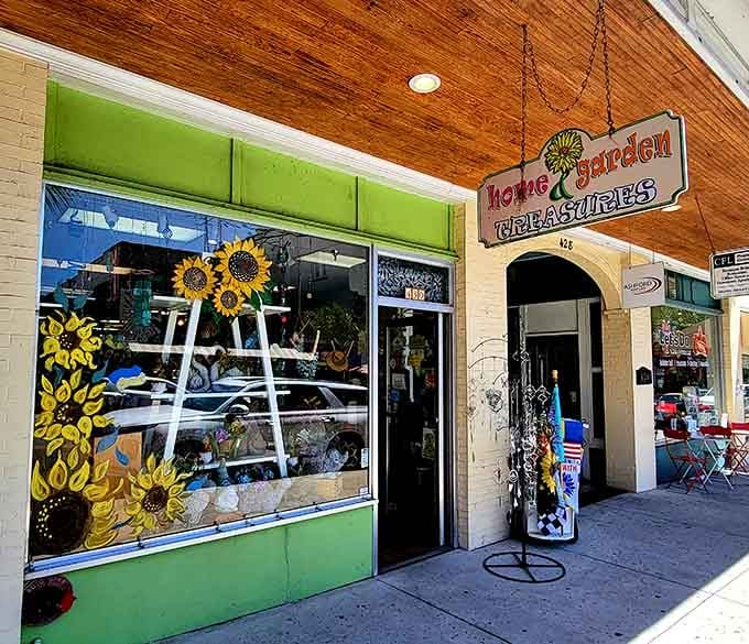 Sunflowers painted across the window, treasures spilling onto the sidewalk &mdash; Home and Garden Treasures is cheerful in the best possible way.