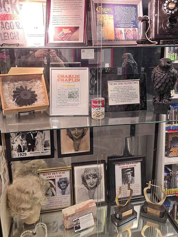 Authentic memorabilia from classic films sits casually behind glass, no velvet ropes or admission fees required here.
