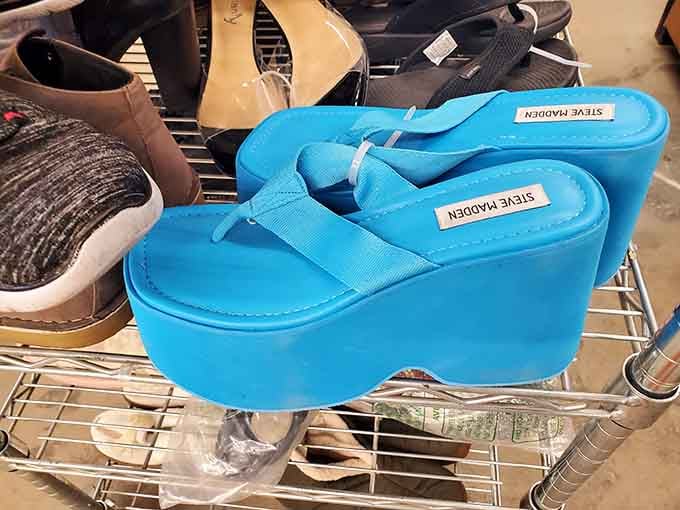 Bold blue Steve Madden platform sandals sitting pretty, looking like they just walked off a 90s music video set.