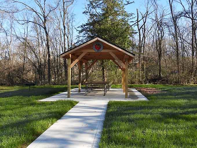 A covered picnic shelter surrounded by trees. This is what a good afternoon looks like, full stop.