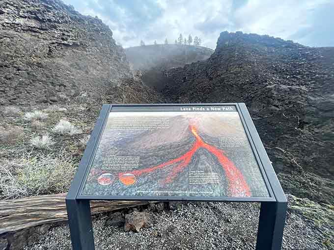The interpretive sign reads "Lava Finds a New Path," which honestly sounds like solid life advice for everyone.