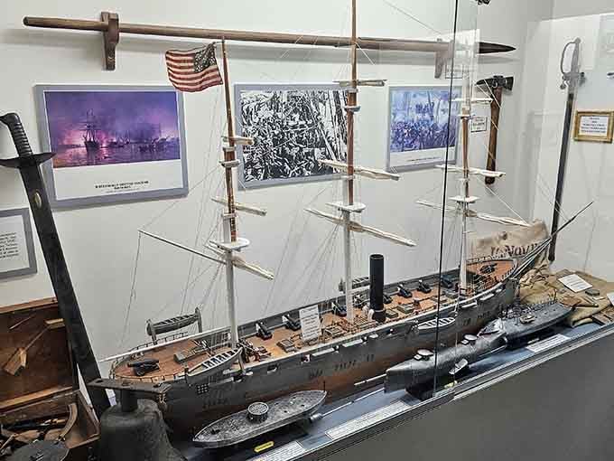 A detailed ship model inside the Civil War Museum, proving this conflict stretched far beyond dry land.