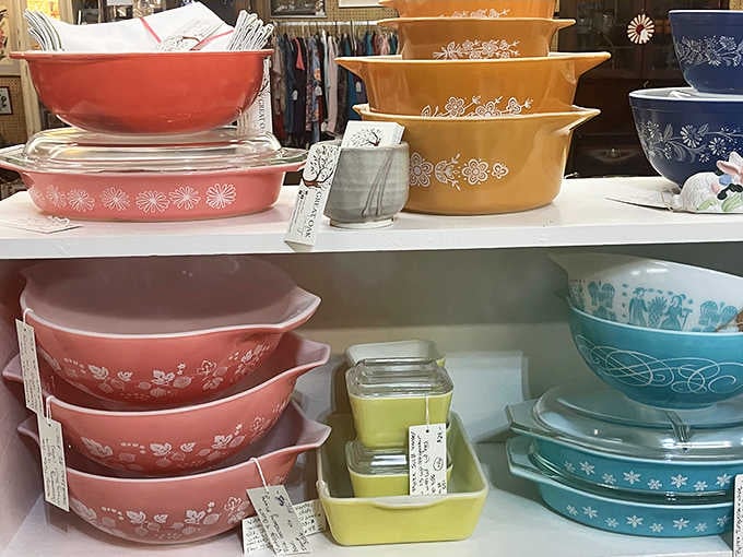 Those pink and turquoise Pyrex pieces aren't just cookware, they're edible nostalgia in casserole dish form.