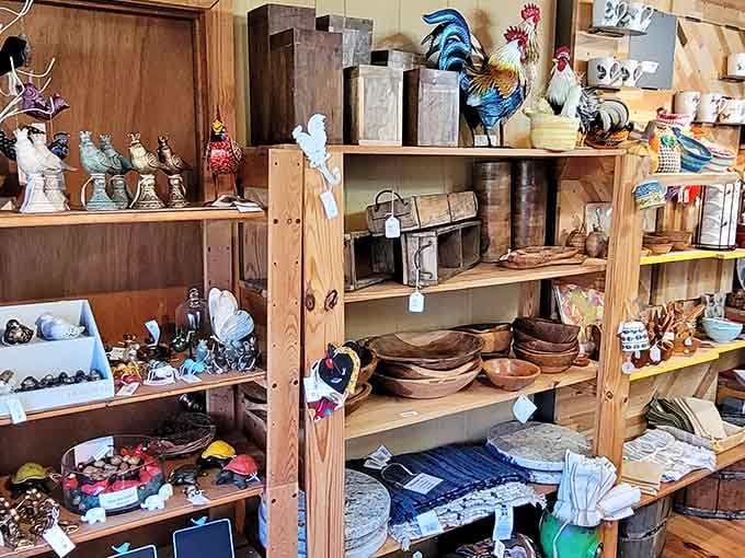 Handcrafted bowls, ceramic roosters, and enough rustic charm to make your living room feel deeply inadequate.