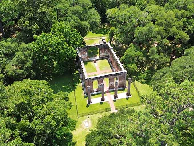 From above, the ruins sit like a secret tucked inside a green quilt of South Carolina lowcountry forest.