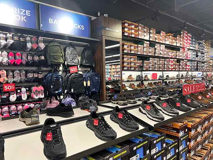 Wall-to-wall shoes and backpacks at Skechers outlet prices. Your feet are about to have a very good day.