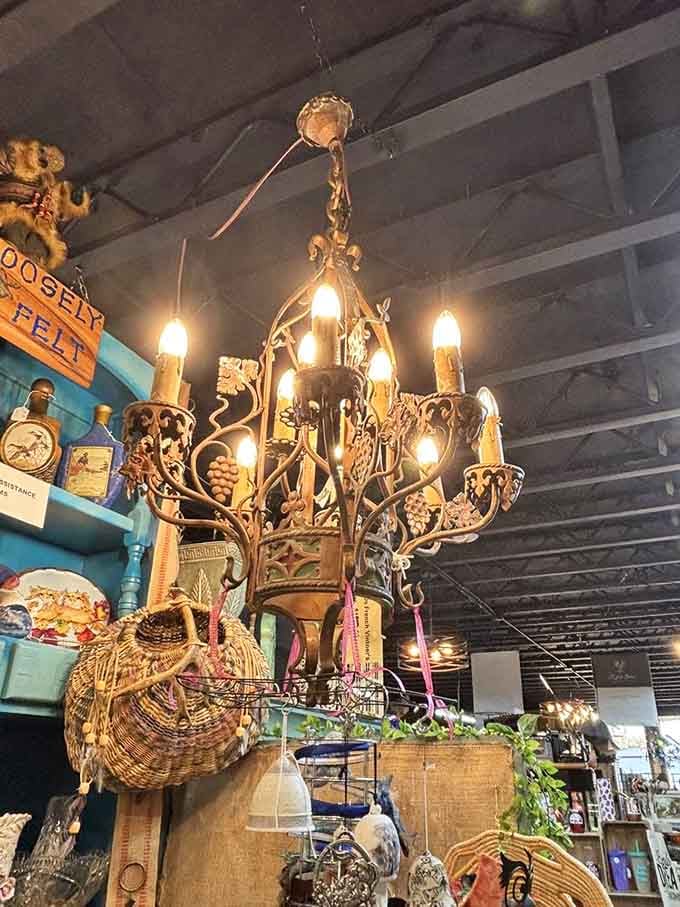 An ornate iron chandelier hanging overhead turns ordinary browsing into something that feels faintly like exploring a castle.