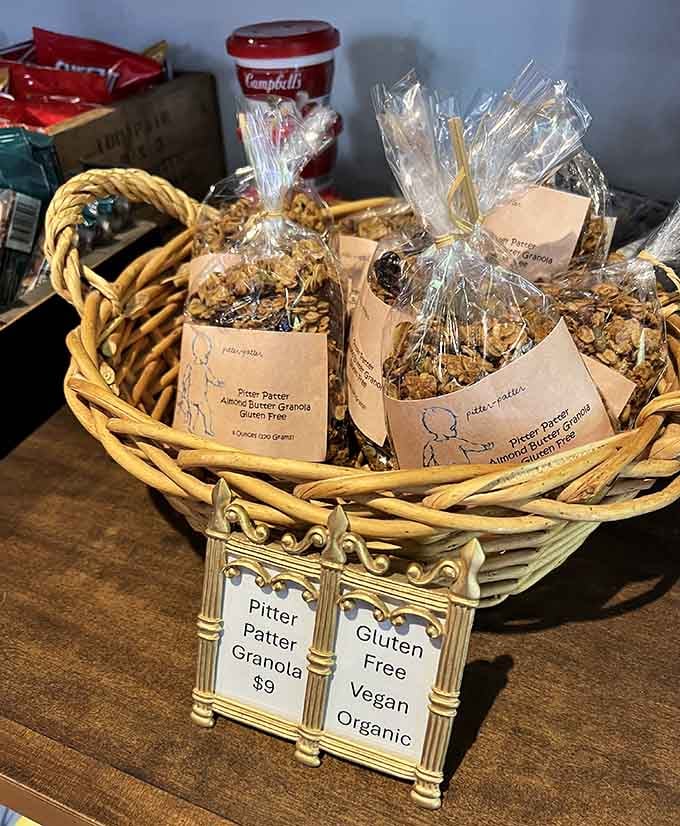 Pitter Patter Granola, gluten-free and vegan, sitting in a basket like a gift from the universe.