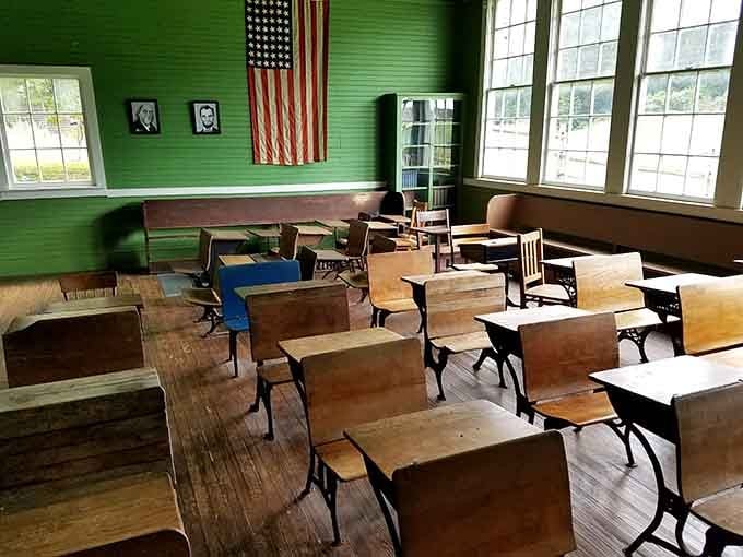Green walls and wooden desks evoke memories of simpler school days, before standardized testing became standard.
