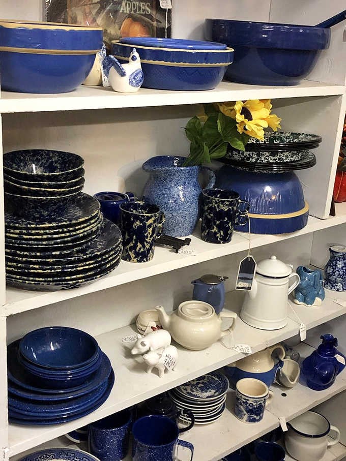 Stacks of deep cobalt blue ceramics and speckled stoneware that make your kitchen feel like it's missing something important.