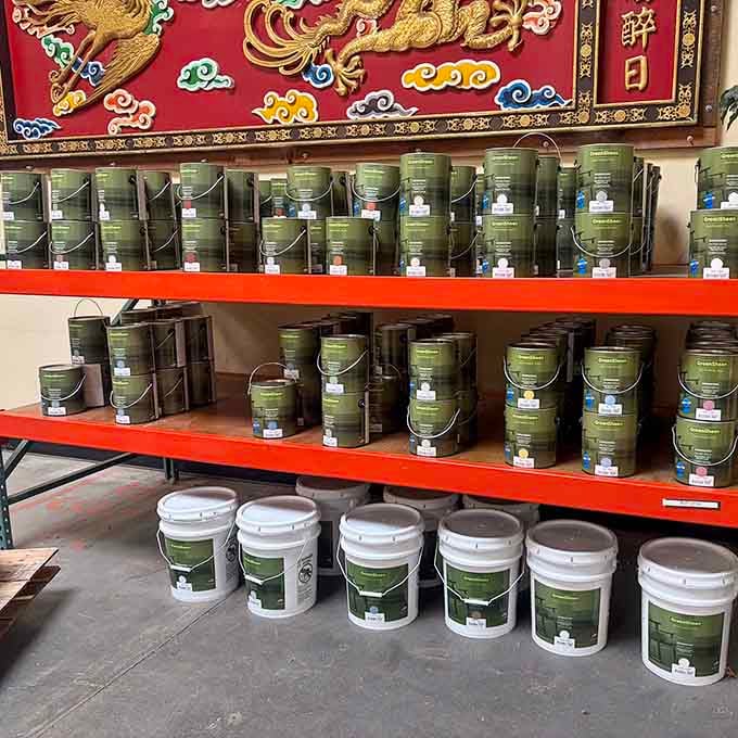 Rows of GreenSheen recycled paint products, because doing right by the planet and your walls at the same time feels pretty great.