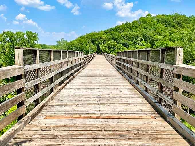That wooden deck stretches into green infinity, inviting you to leave your worries behind.