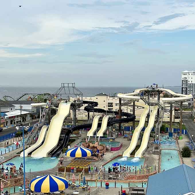 From up high, the full spread of slides, pools, and the glittering bay beyond makes Keansburg look like pure summer magic.