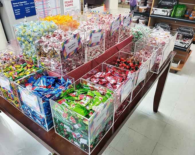 Raspberry bullseyes, fruit chews, and classic hard candies, this table is basically a greatest hits album of childhood favorites.