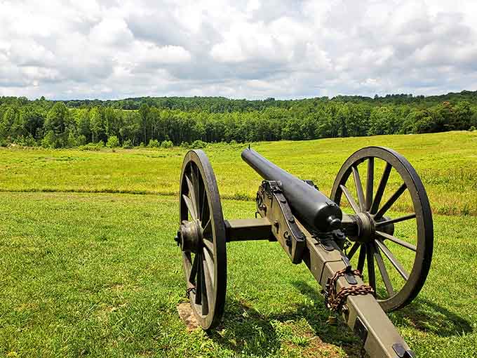 A lone cannon surveys the open field, standing guard over ground that changed American history forever.