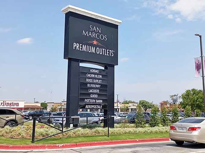 The sign says it all, Adidas, Gucci, Burberry, and Pottery Barn, all under one very generous Texas sky.