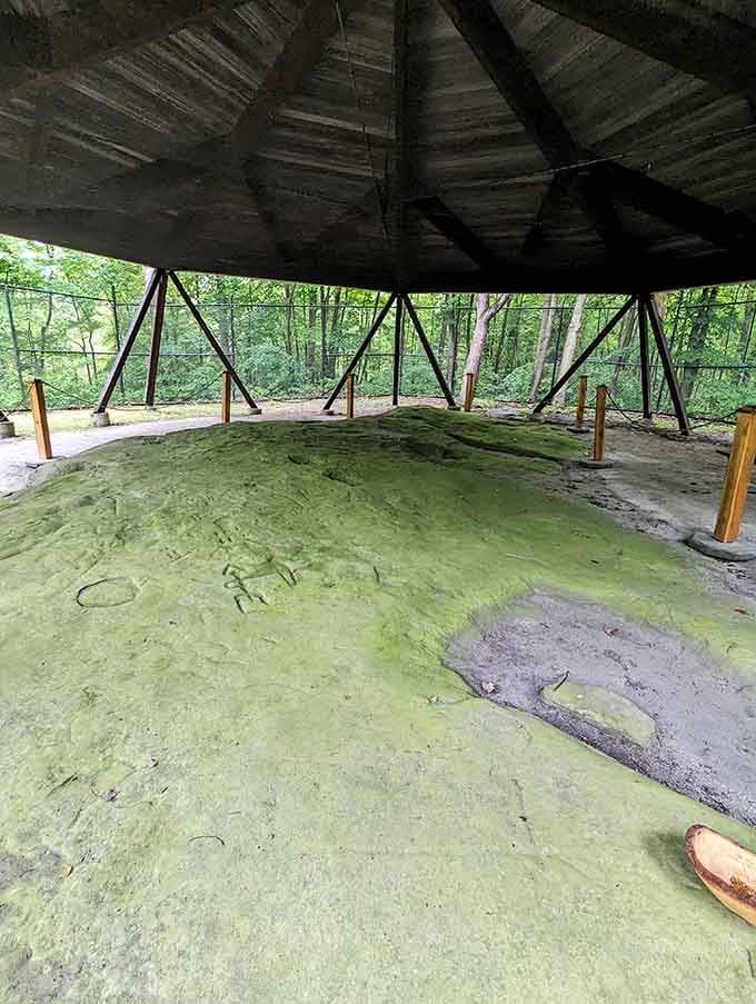 Under a protective shelter, ancient hands left their mark on sandstone that has outlasted everything we think matters.