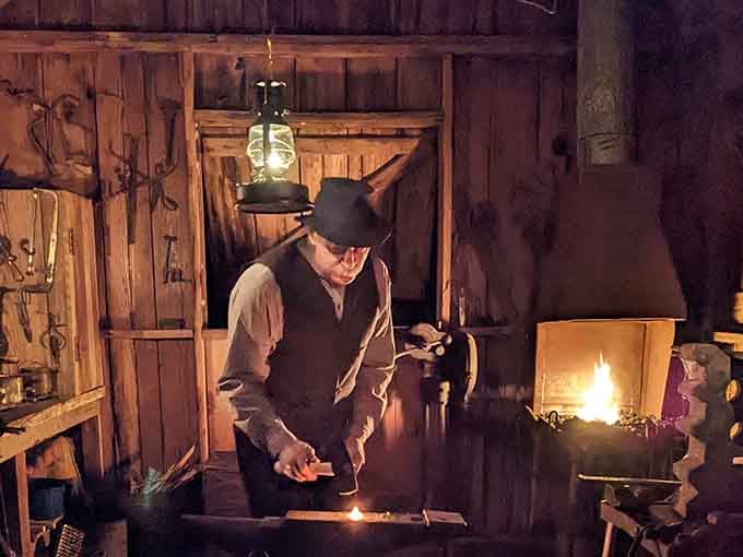 Low lamplight, a crackling forge, and a blacksmith at work, this is the original maker space.