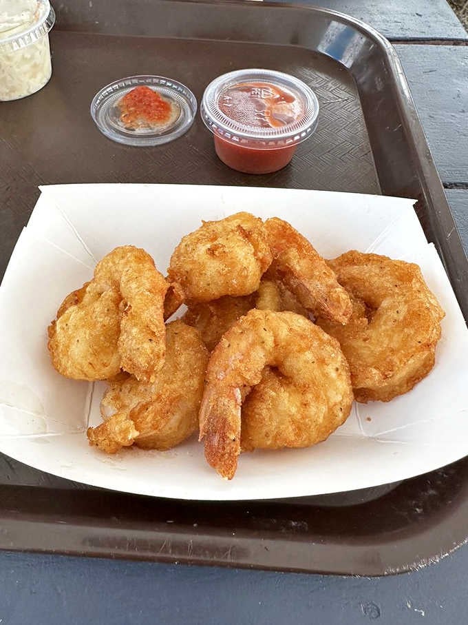 Plump, golden fried shrimp with cocktail sauce on standby, simple pleasures done absolutely right.