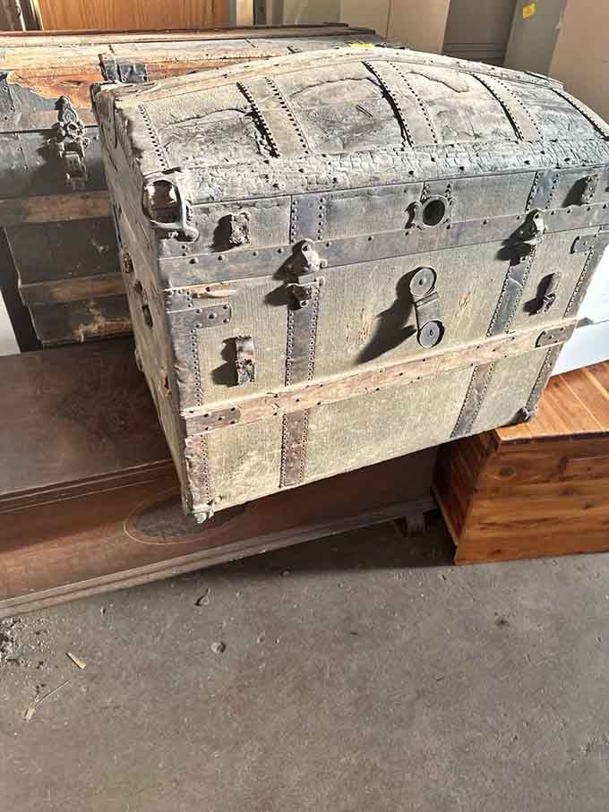 This weathered dome-top trunk has survived more decades than most of us, and it still has better posture.