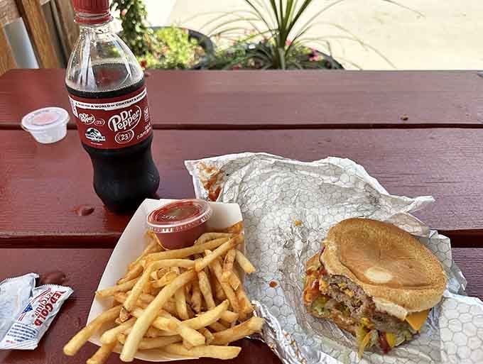 A burger, a pile of fries, and a cold Dr Pepper. Colorado's version of a perfect afternoon, honestly.