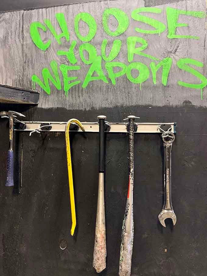 The wall says it all. Hammer, crowbar, bat, or wrench, your destiny awaits, and it's hanging right there.